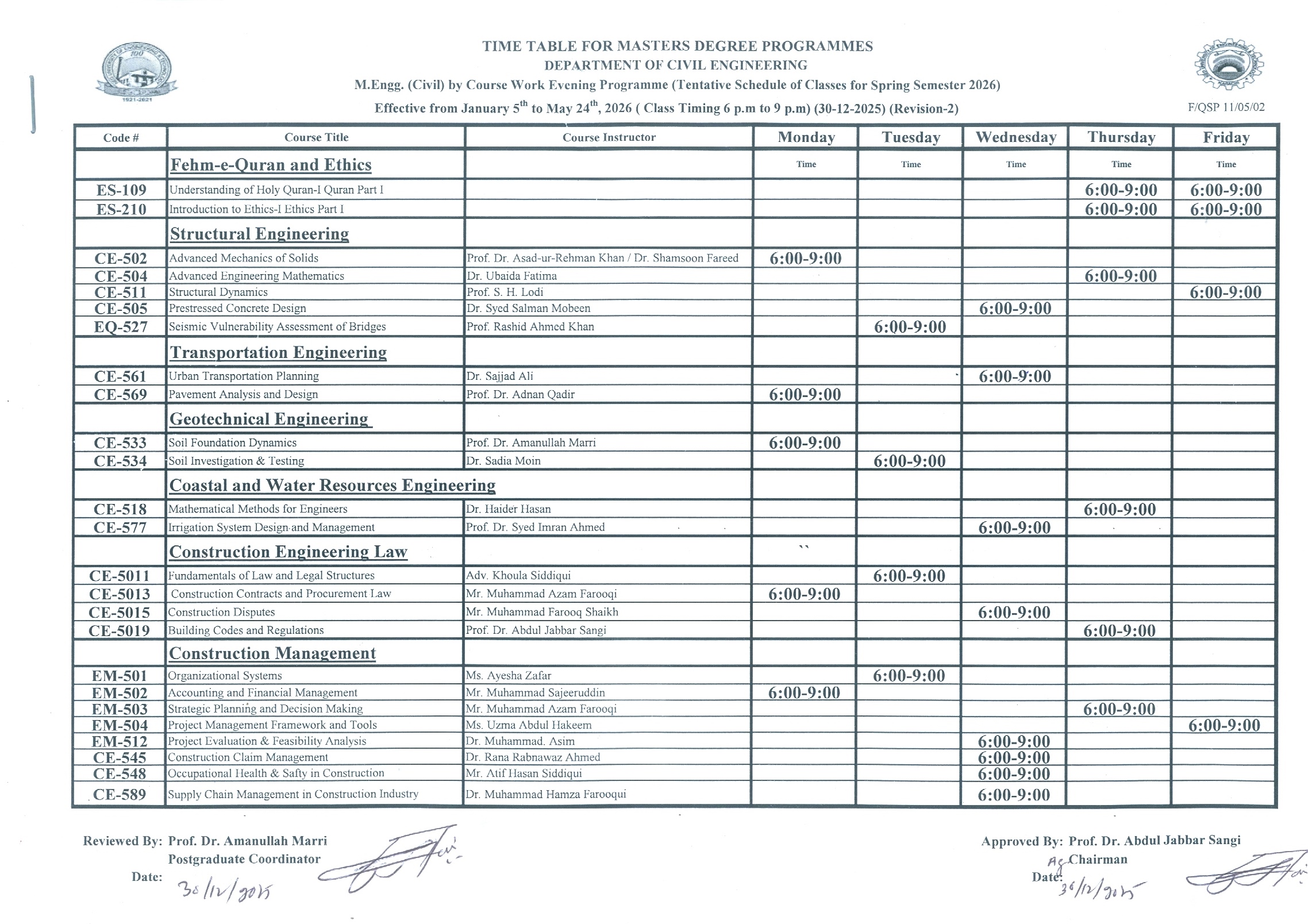 Masters Timetable (Evening) | Department of Civil Engineering - NED ...